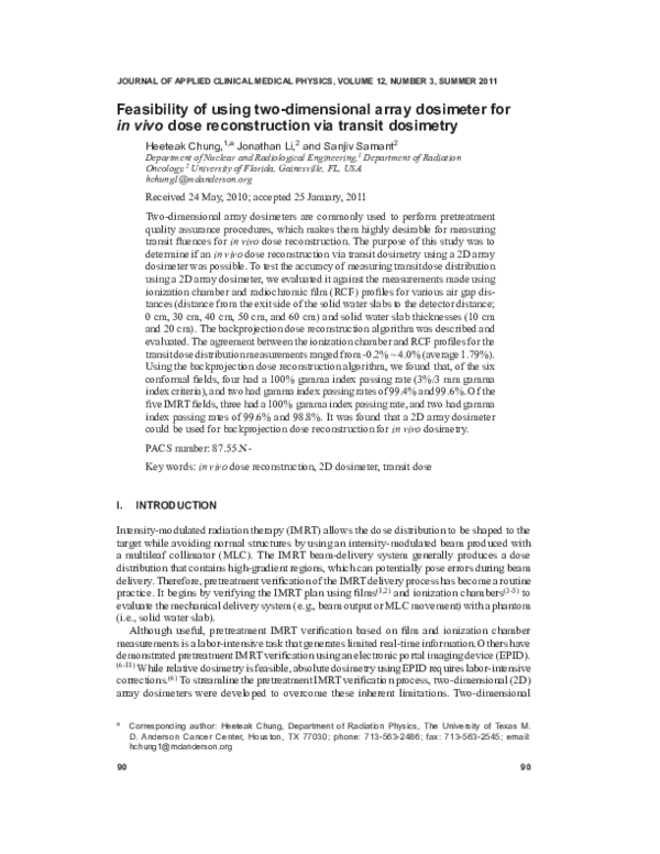 Pdf Feasibility Of Using Two Dimensional Array Dosimeter For In Vivo Dose Reconstruction Via