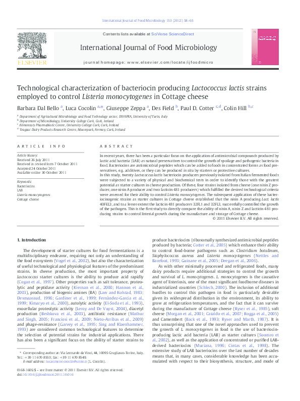 Pdf Technological Characterization Of Bacteriocin Producing Lactococcus Lactis Strains