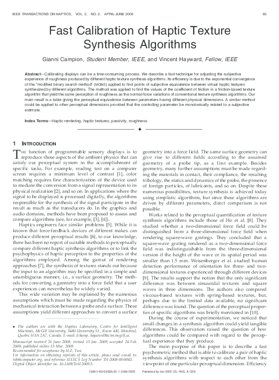 Pdf Fast Calibration Of Haptic Texture Synthesis Algorithms