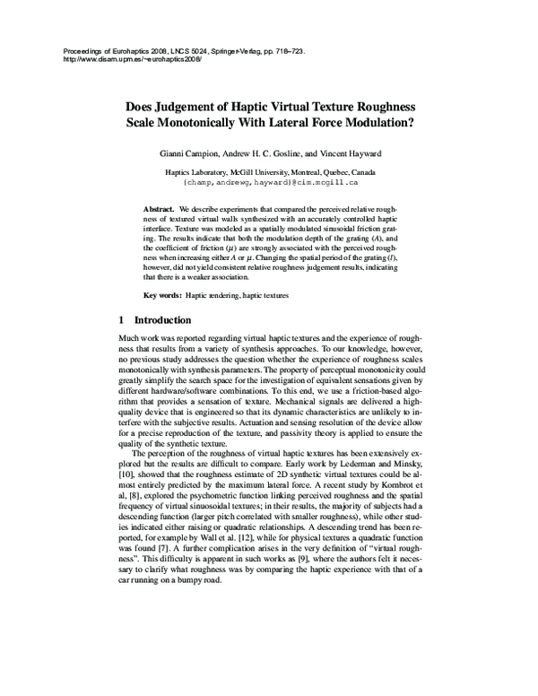 Pdf Does Judgement Of Haptic Virtual Texture Roughness Scale Monotonically With Lateral Force