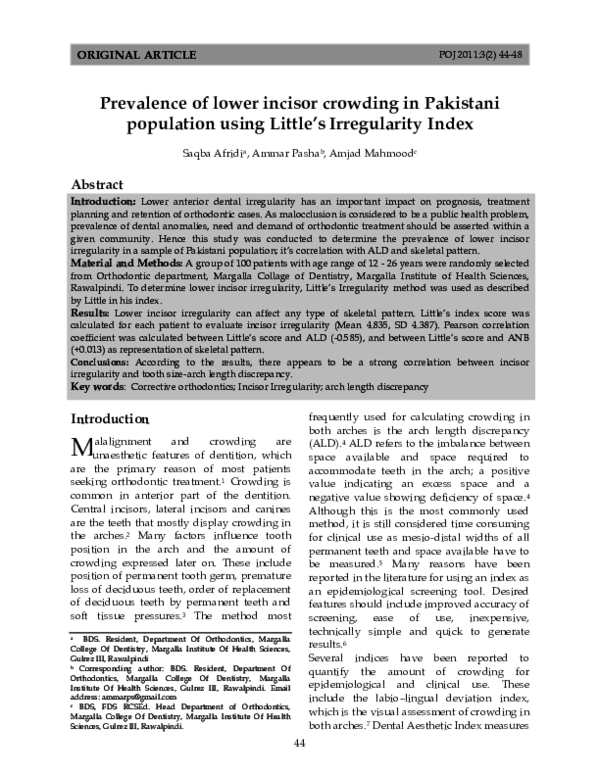 (PDF) Prevalence of lower incisor crowding in Pakistani population ...