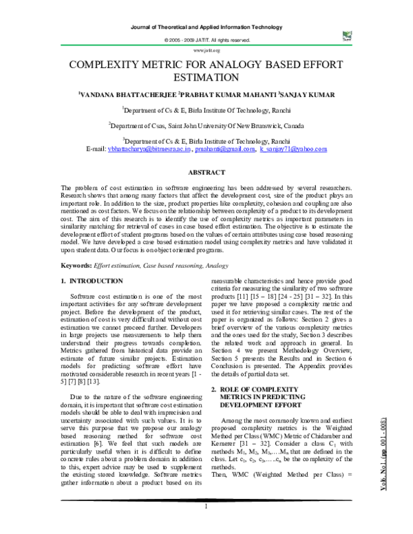 (PDF) Complexity Metric for Analogy Based Effort Estimation | Prabhat ...