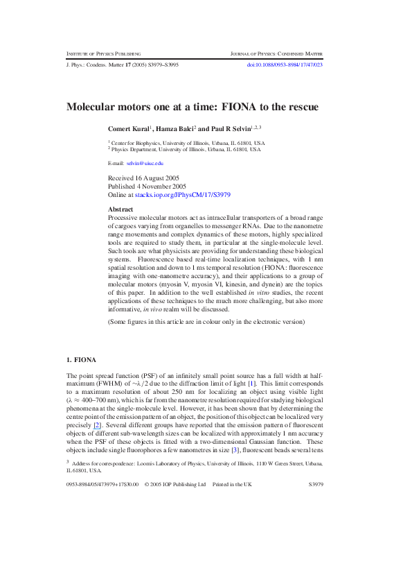 (PDF) Molecular motors one at a time: FIONA to the rescue | Hamza Balci ...