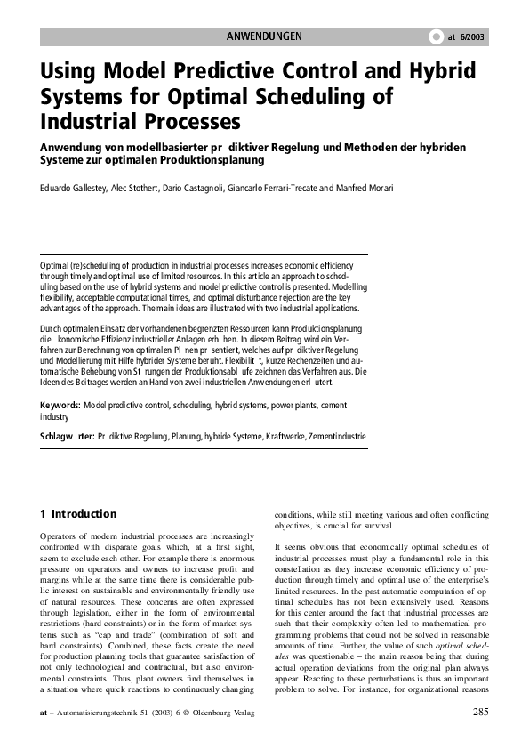 Pdf Using Model Predictive Control And Hybrid Systems For Optimal Scheduling Of Industrial