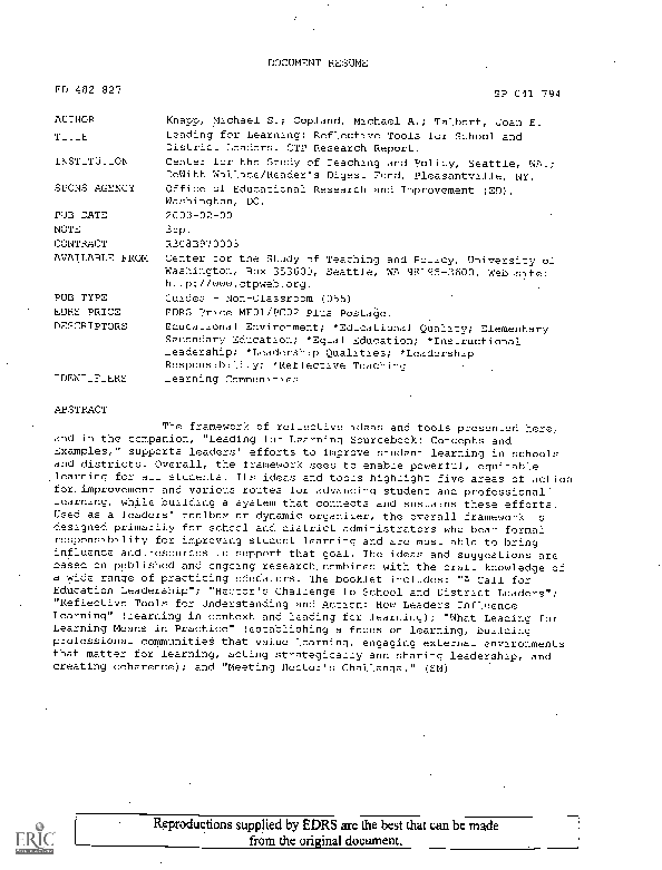 (PDF) Leading for Learning: Reflective Tools for School and District ...