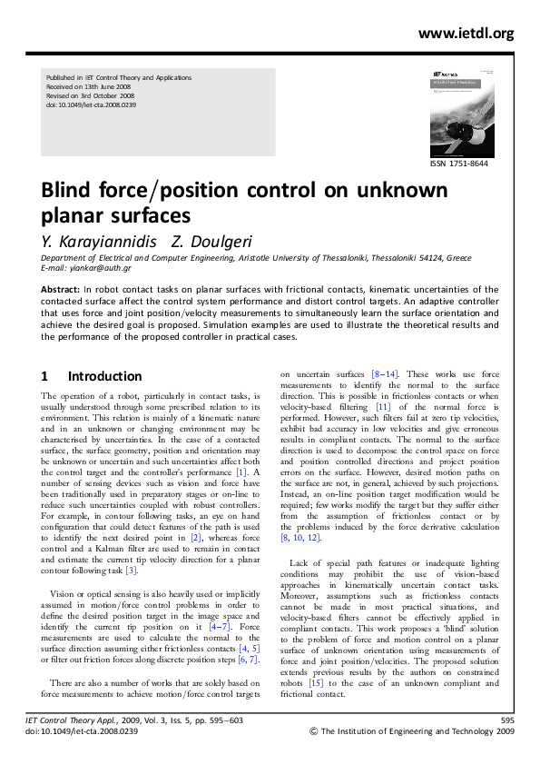(PDF) Blind force/position control on unknown planar surfaces
