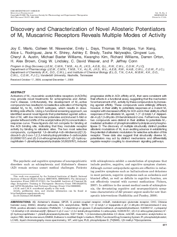 (PDF) Allosteric modulation of the M1 muscarinic acetylcholine receptor: improving cognition and ...