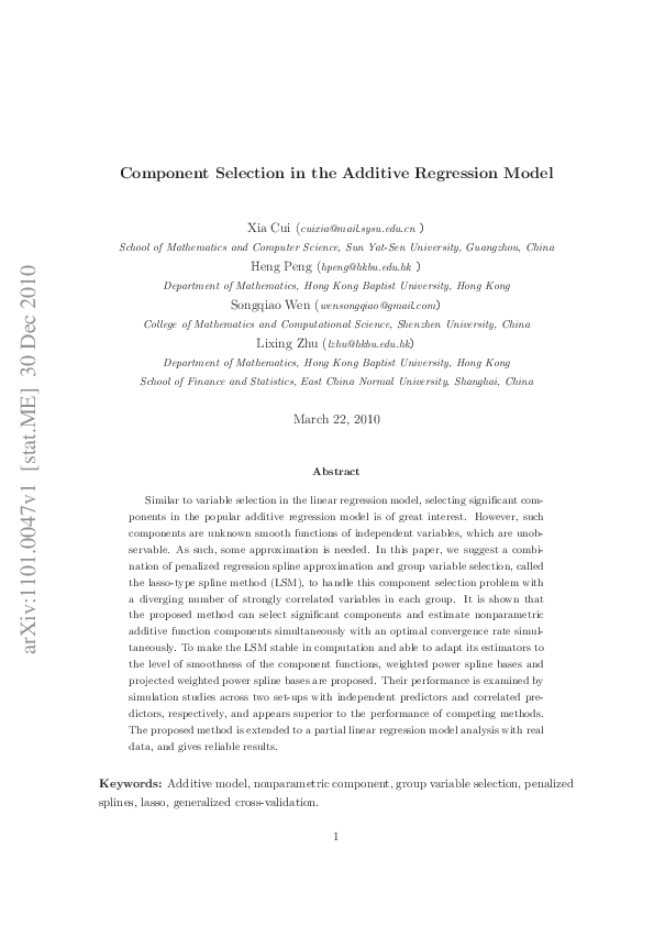 (PDF) Component Selection in the Additive Regression Model