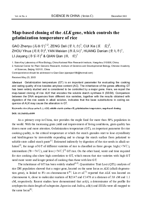 (PDF) Map-based cloning of the ALK gene, which controls the gelatinization temperature of rice