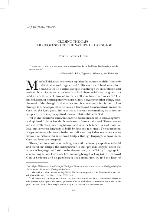 (PDF) Closing the Gaps: Perichoresis and the Nature of Language (WTJ 2016)