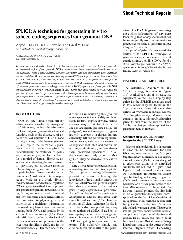 (PDF) SPLICE: A technique for generating in vitro spliced coding sequences from genomic DNA