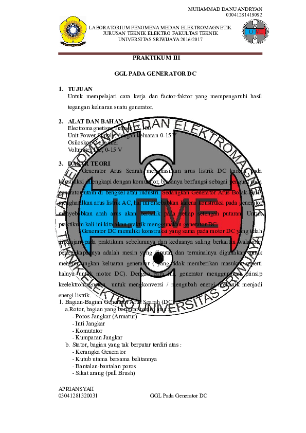 (DOC) PRAKTIKUM III GGL PADA GENERATOR DC DANU ANDRYAN