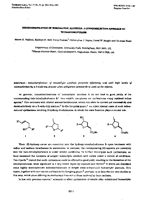 (PDF) Iodoetherification of homoallylic alcohols : A stereoselective ...