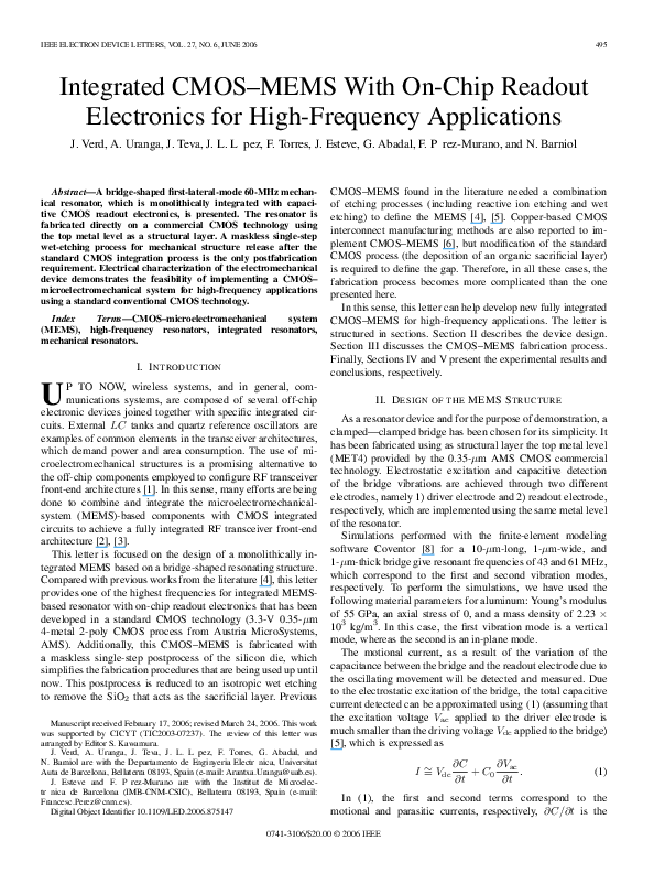 (PDF) Integrated CMOS-MEMS with on-chip readout electronics for high-frequency applications