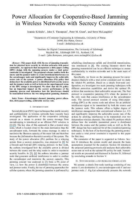 (PDF) Power allocation for cooperative-based jamming in wireless networks with secrecy constraints