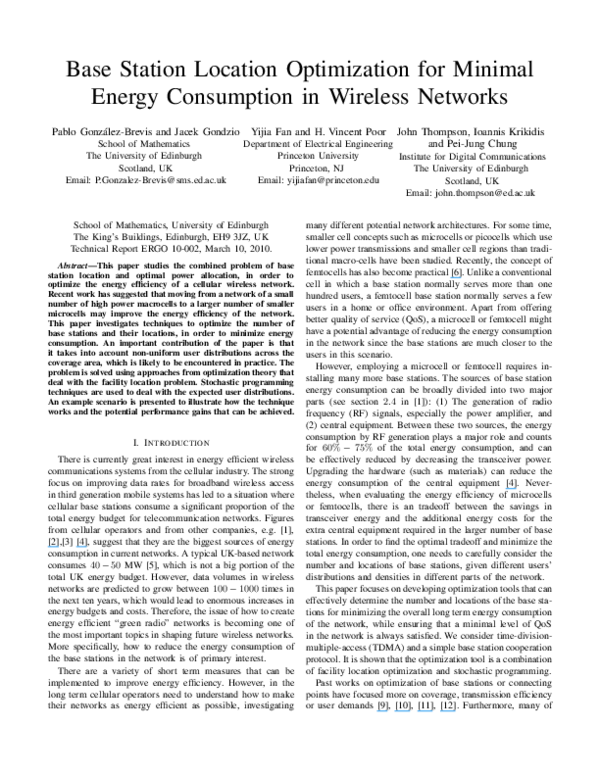 (PDF) Base Station Location Optimization for Minimal Energy Consumption in Wireless Networks