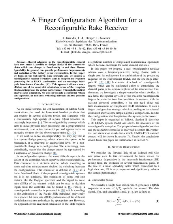Pdf A Finger Configuration Algorithm For A Reconfigurable Rake Receiver