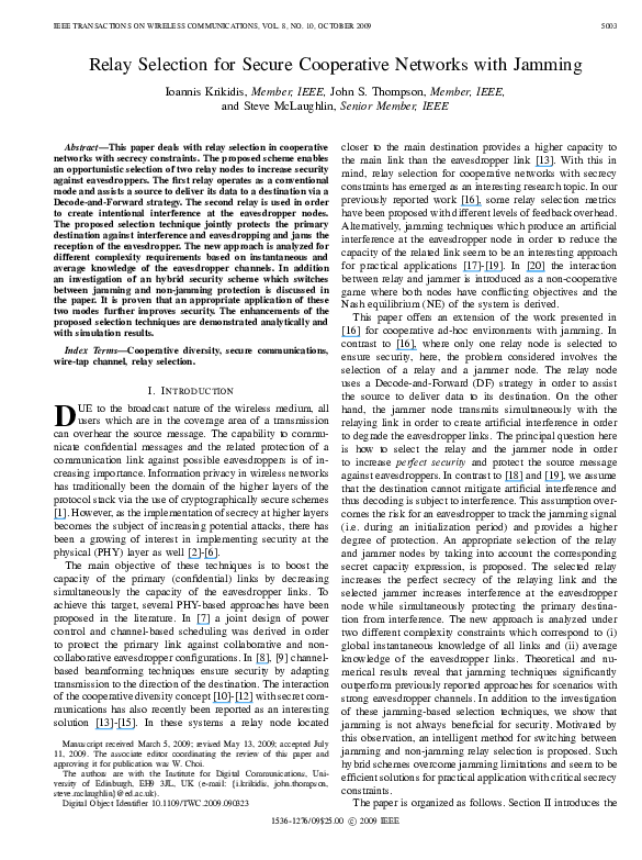 Pdf Relay Selection For Secure Cooperative Networks With Jamming