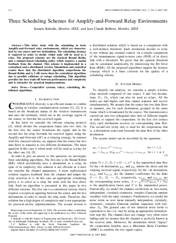 Pdf Three Scheduling Schemes For Amplify And Forward Relay Environments
