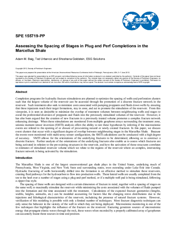 (PDF) Assessing the Spacing of Stages in Plug and Perf Completions in the Marcellus Shale | Adam ...