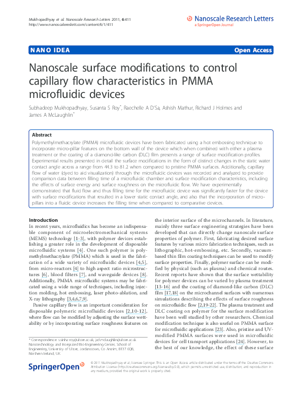 (PDF) Nanoscale surface modifications to control capillary flow characteristics in PMMA ...