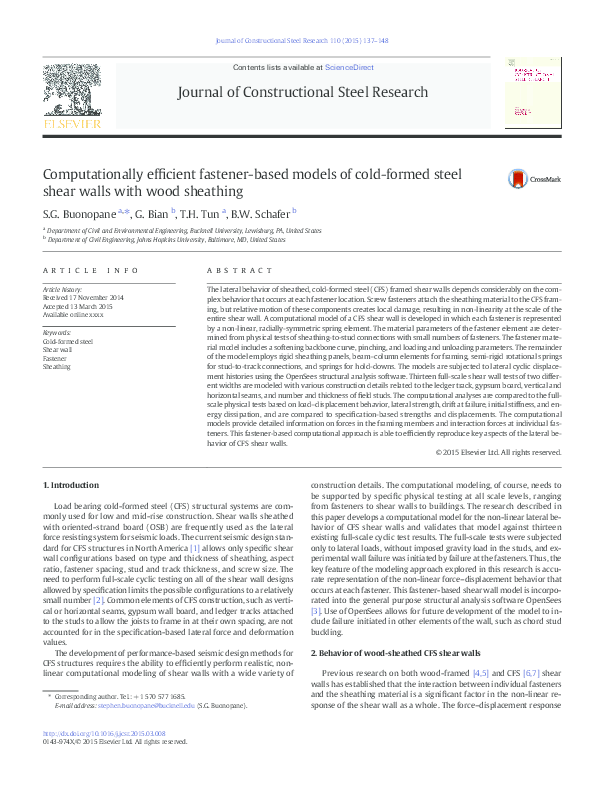 Pdf Computationally Efficient Fastener Based Models Of Cold Formed Steel Shear Walls With Wood