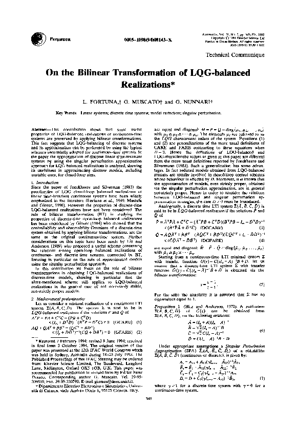 (PDF) On the bilinear transformation of LQG-balanced realizations