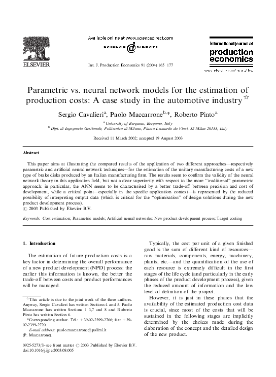 (PDF) Parametric vs. neural network models for the estimation of production costs: A case study ...