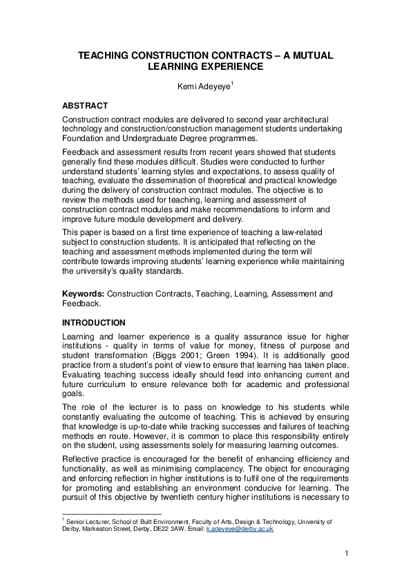 (PDF) Teaching Construction Contracts: Mutual Learning Experience