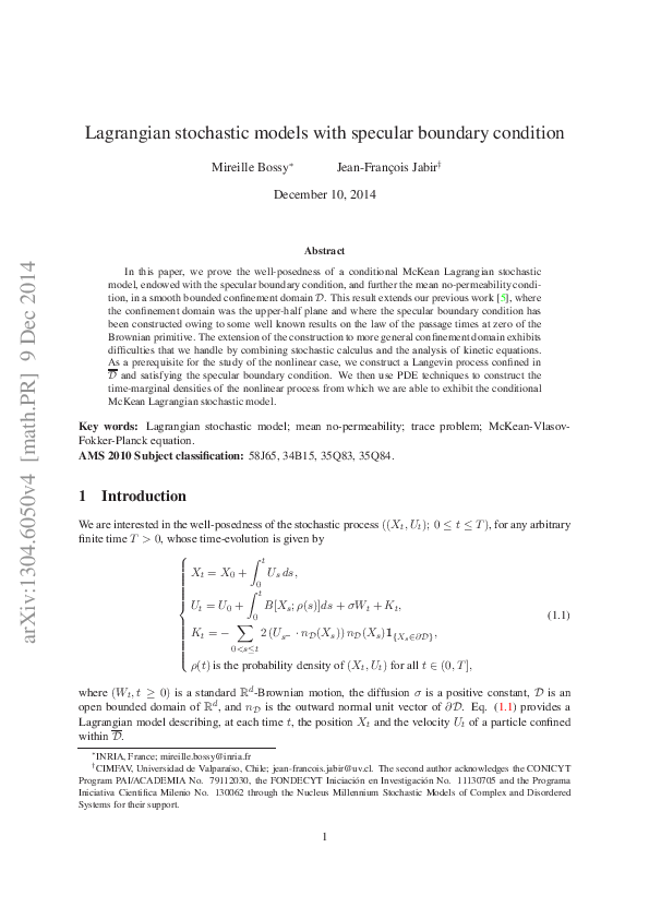 (PDF) Lagrangian stochastic models with specular boundary condition | Mireille Bossy - Academia.edu