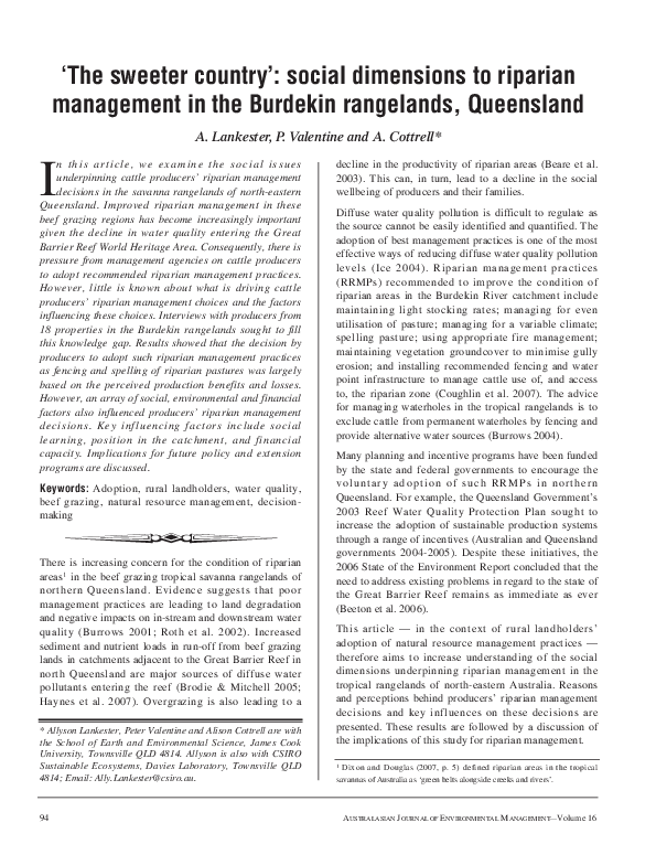 (PDF) ‘The sweeter country’: social dimensions to riparian management ...