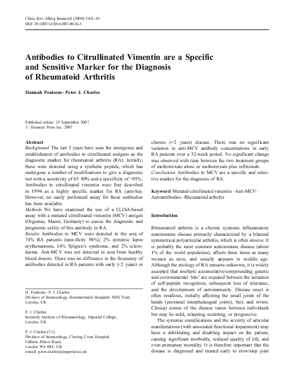 (PDF) Clinical evaluation of anti-mutated citrullinated vimentin by ...