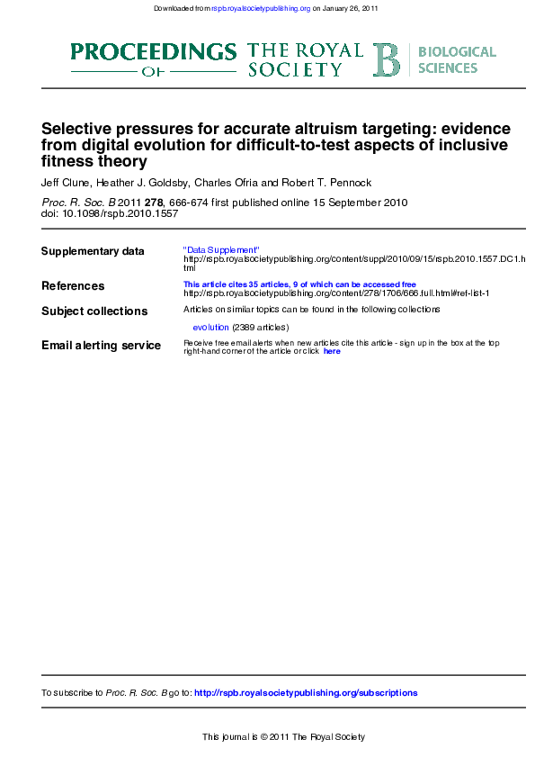 (PDF) Selective pressures for accurate altruism targeting: evidence from digital evolution for ...