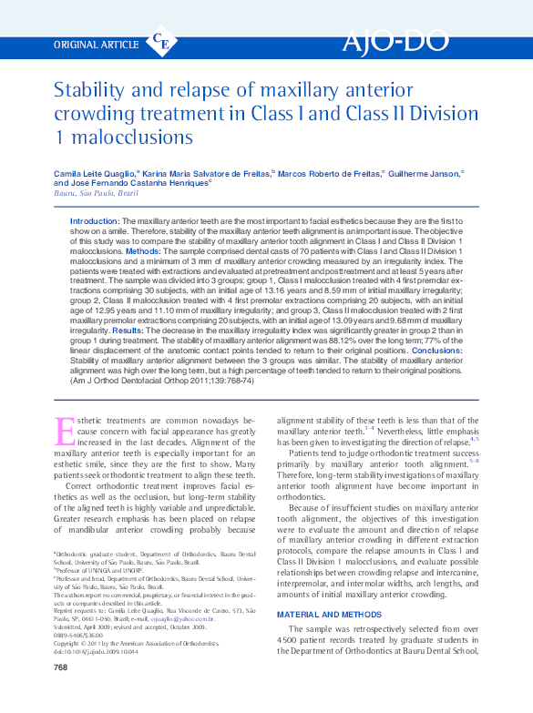 (PDF) Stability and relapse of maxillary anterior crowding treatment in ...