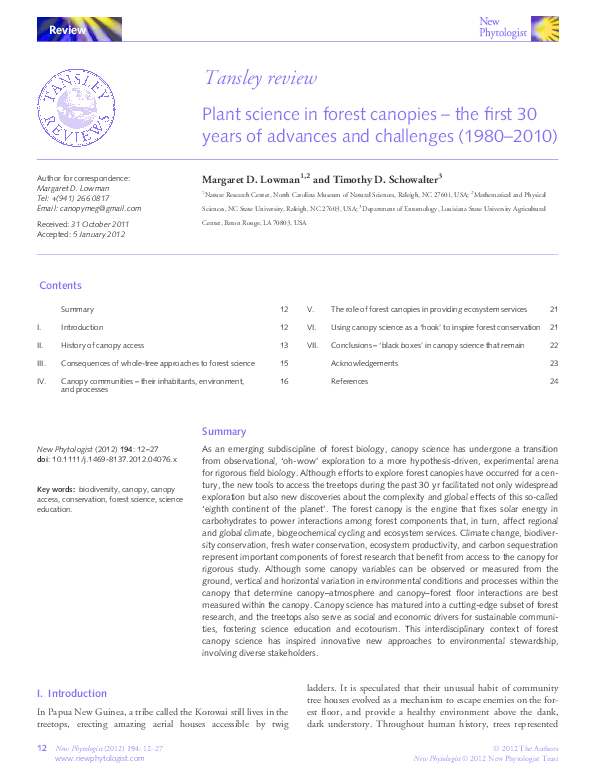 (PDF) Plant science in forest canopies - the first 30 years of advances ...