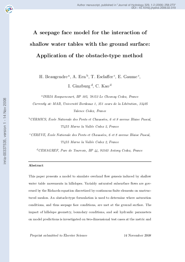 Pdf A Seepage Face Model For The Interaction Of Shallow Water Tables With The Ground Surface