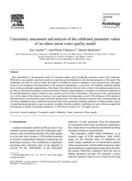(PDF) Uncertainty assessment and analysis of the calibrated parameter values of an urban storm ...
