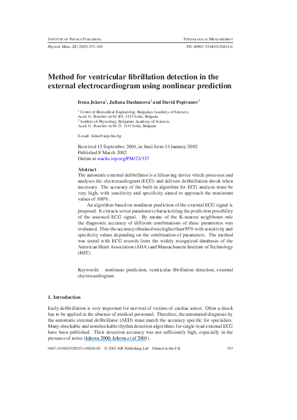 Pdf Method For Ventricular Fibrillation Detection In The External