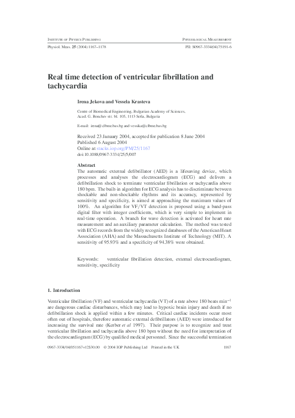 Pdf Real Time Detection Of Ventricular Fibrillation And Tachycardia
