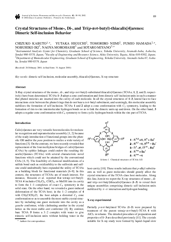 (PDF) Crystal Structures of Mono, Di, and Tri( p - tert -butyl)-thiacalix[4]arenes: Dimeric Self ...
