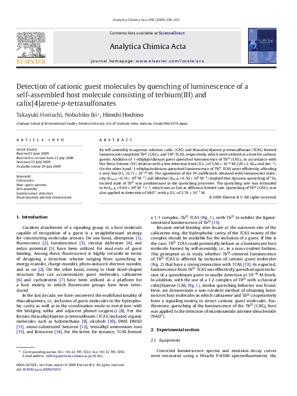 Pdf Detection Of Cationic Guest Molecules By Quenching Of Luminescence Of A Self Assembled