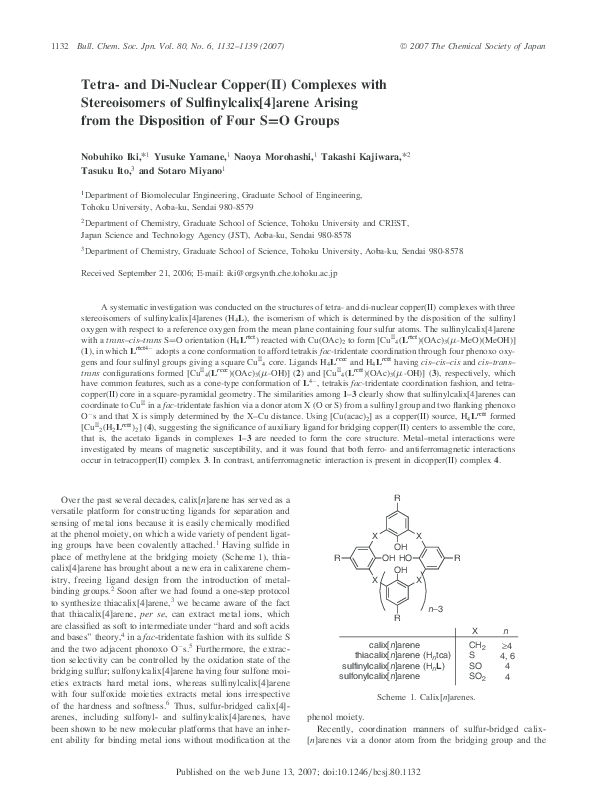 (PDF) Tetra and DiNuclear Copper(II) Complexes with Stereoisomers of Sulfinylcalix[4]arene ...