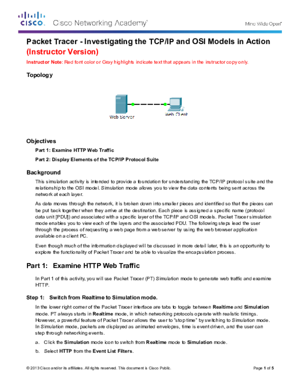 Doc Packet Tracer Investigating The Tcp Ip And Osi Models In Action Instructor Version
