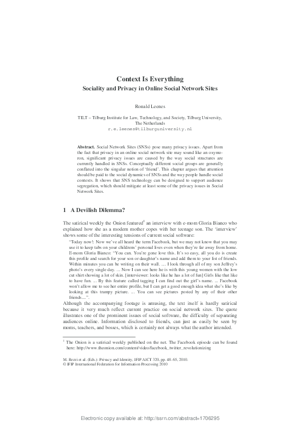 Pdf Context Is Everything Sociality And Privacy In Online Social