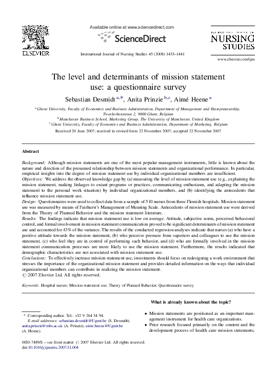 (PDF) The level and determinants of mission statement use: a ...