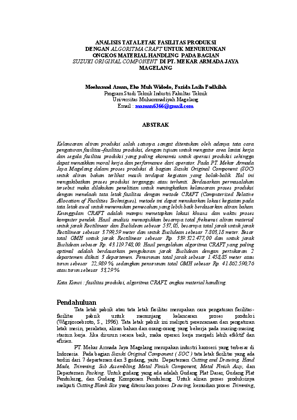 (DOC) Analisis tata letak fasilitas produksi dengan algoritma craft