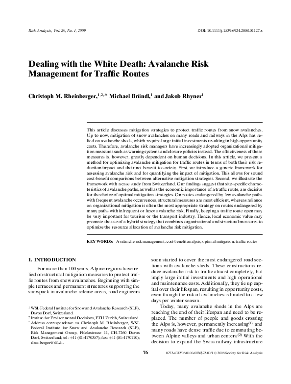 (PDF) Dealing with the White Death: Avalanche Risk Management for ...