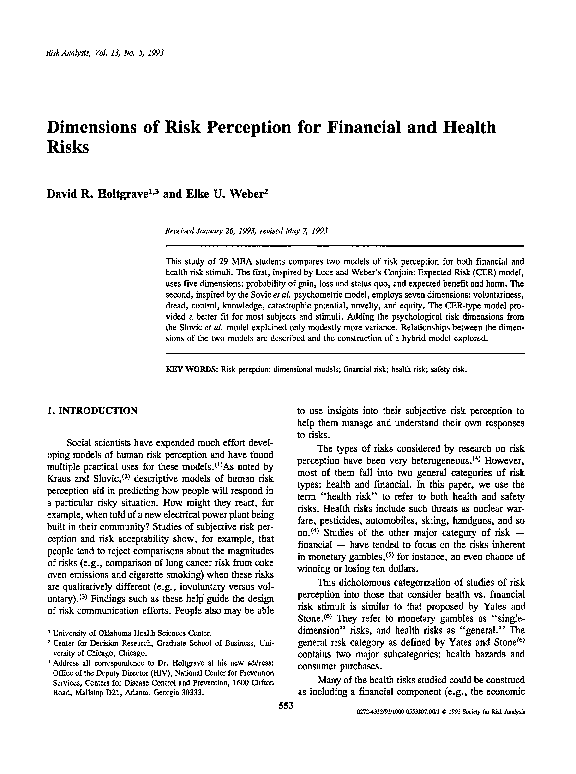 (PDF) Dimensions of Risk Perception for Financial and Health Risks