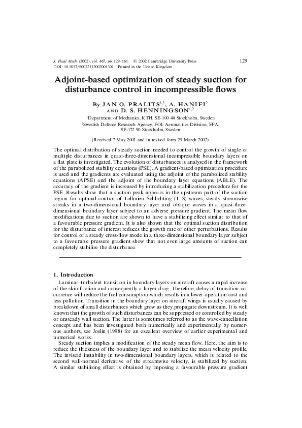 (PDF) Adjoint-based optimization of steady suction for disturbance control in incompressible flows