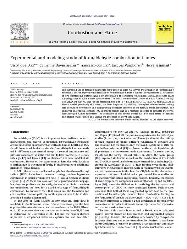 (PDF) Experimental and modeling study of formaldehyde combustion in flames